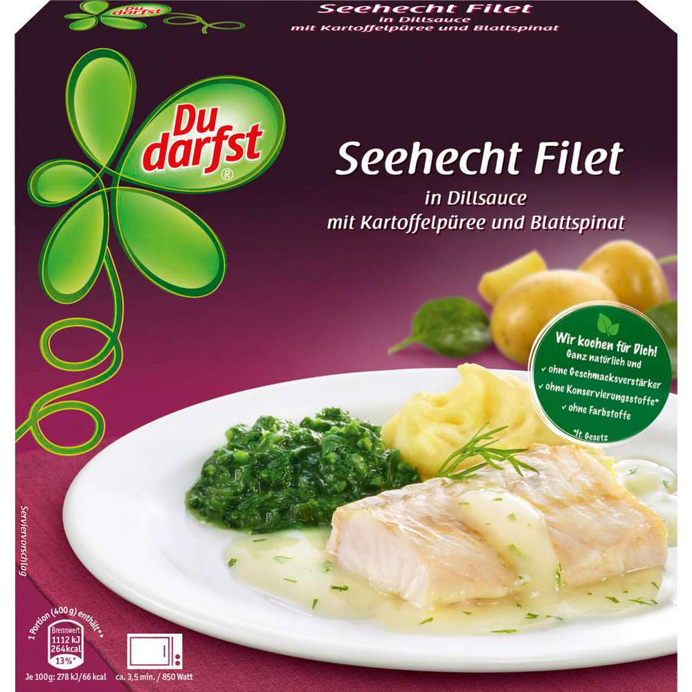 Du Darfst Seehecht Filet in Dillsauce mit Kartoffelpüree und Spinat 400g